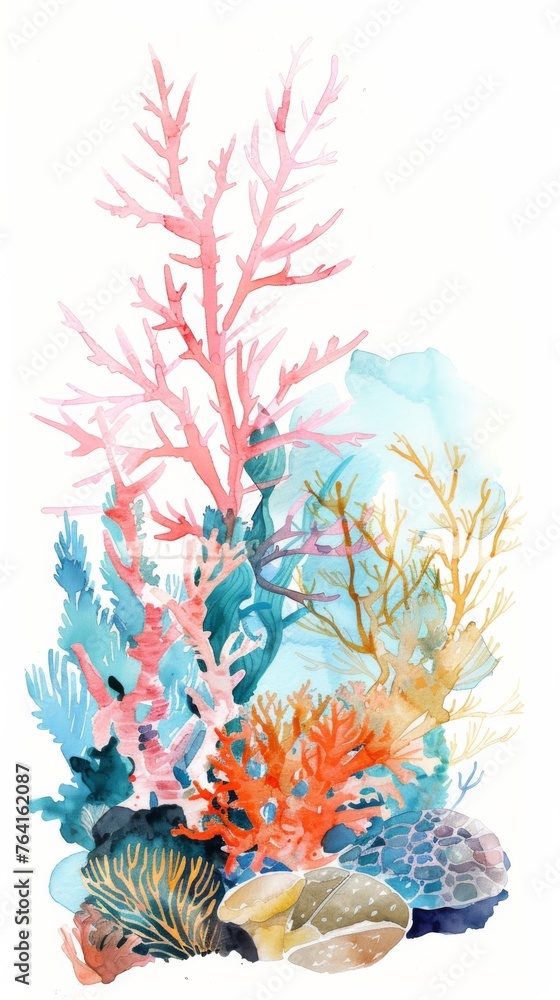 A detailed watercolor painting depicting vibrant corals and delicate ...