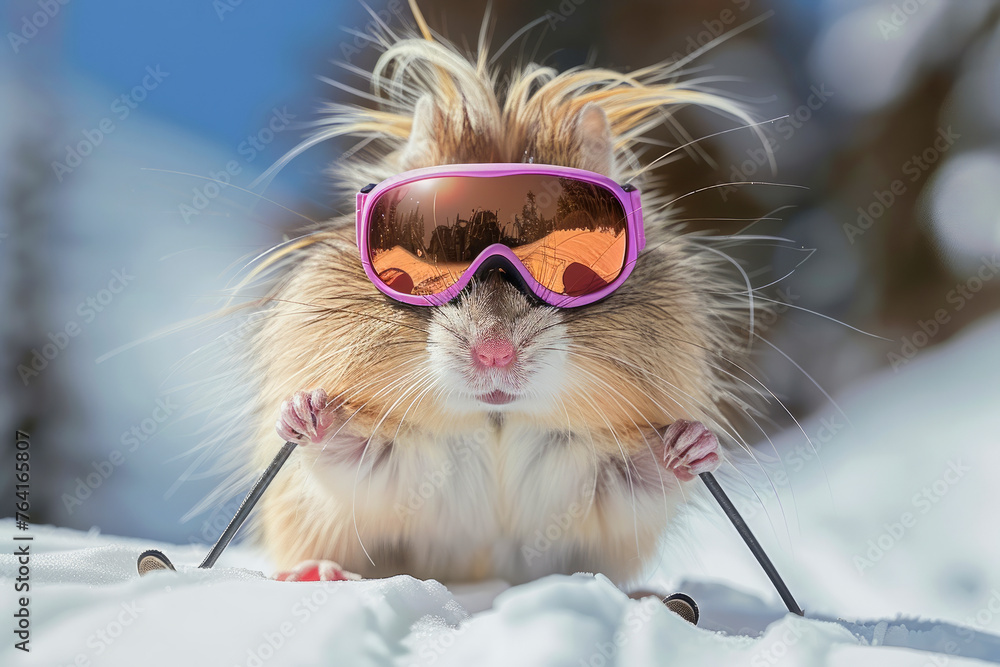 A hamster wearing goggles and skis is posing for a picture. a playful ...