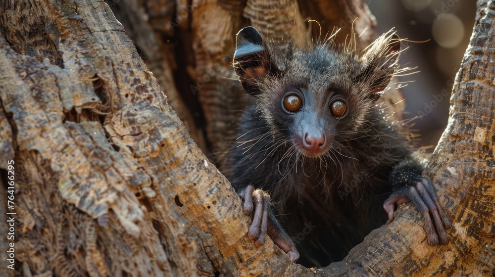 A close-up shot of a small aye-aye, a type of lemur, foraging for food ...