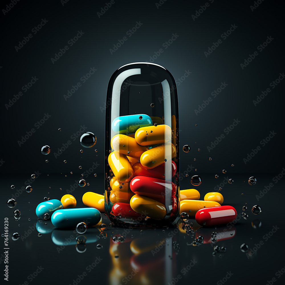 A transparent capsule is flooded with coloured tablets on a reflective ...