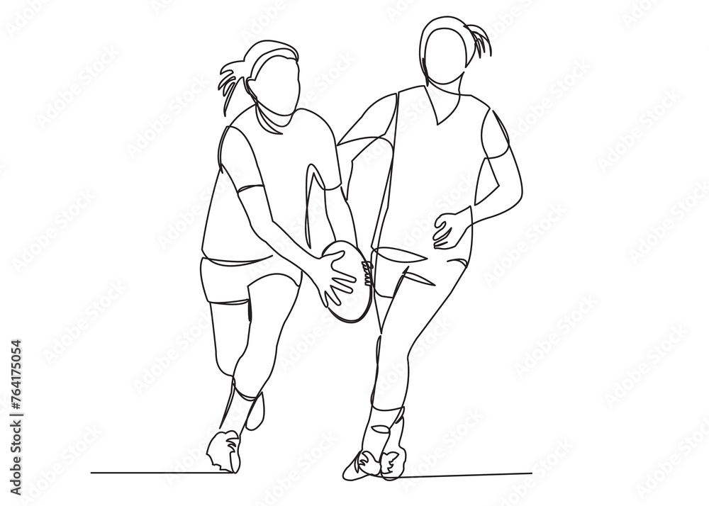 one continuous drawn line of a girl playing rugby drawn from a hand ...