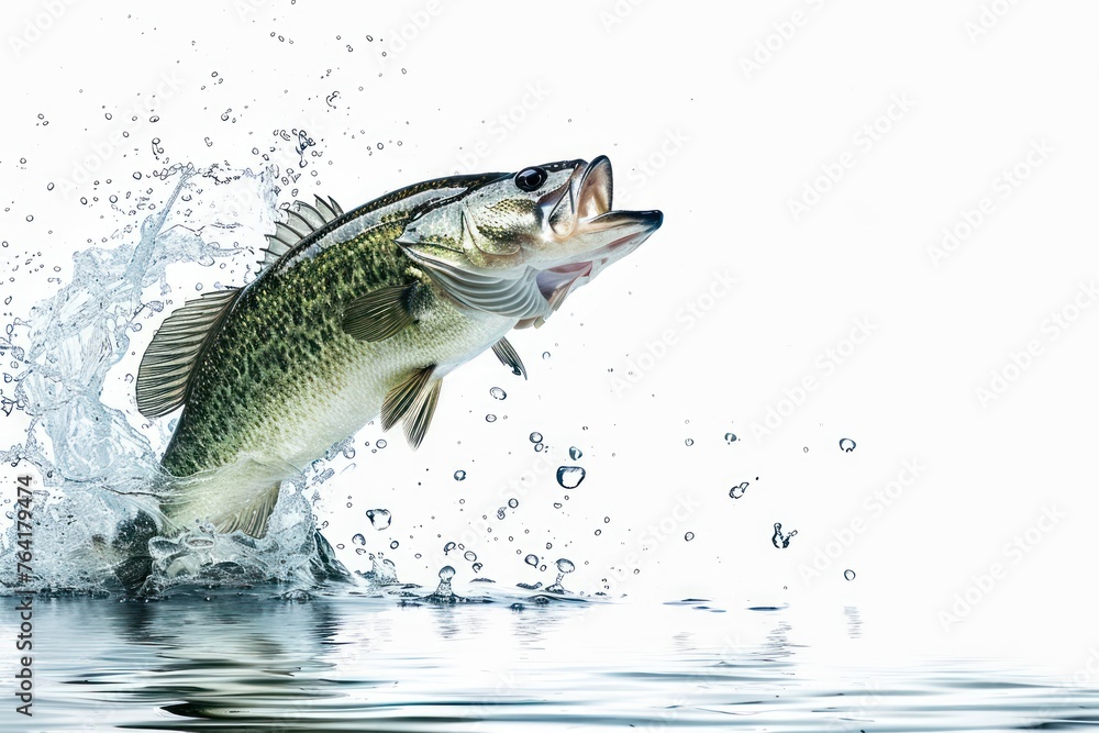 Largemouth bass fish jumping out of water isolated on white background ...