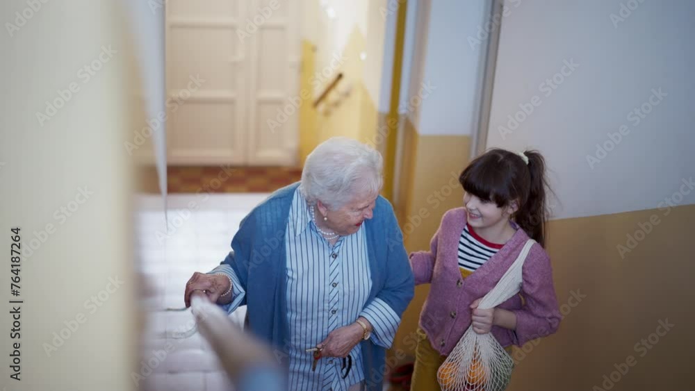 Granddaughter helping senior grandmother walk up the stairs, going ...
