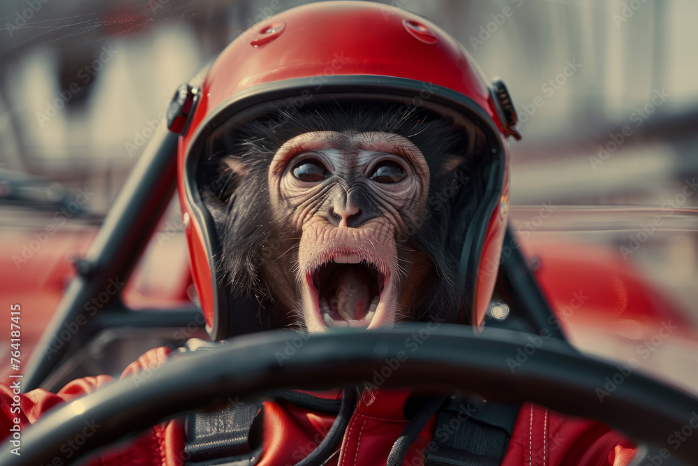 A monkey is driving a car with a red helmet on, is he is excited ...