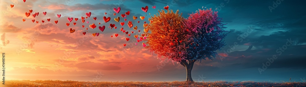 A tree of hearts blooming with vibrant colors, each heart representing ...