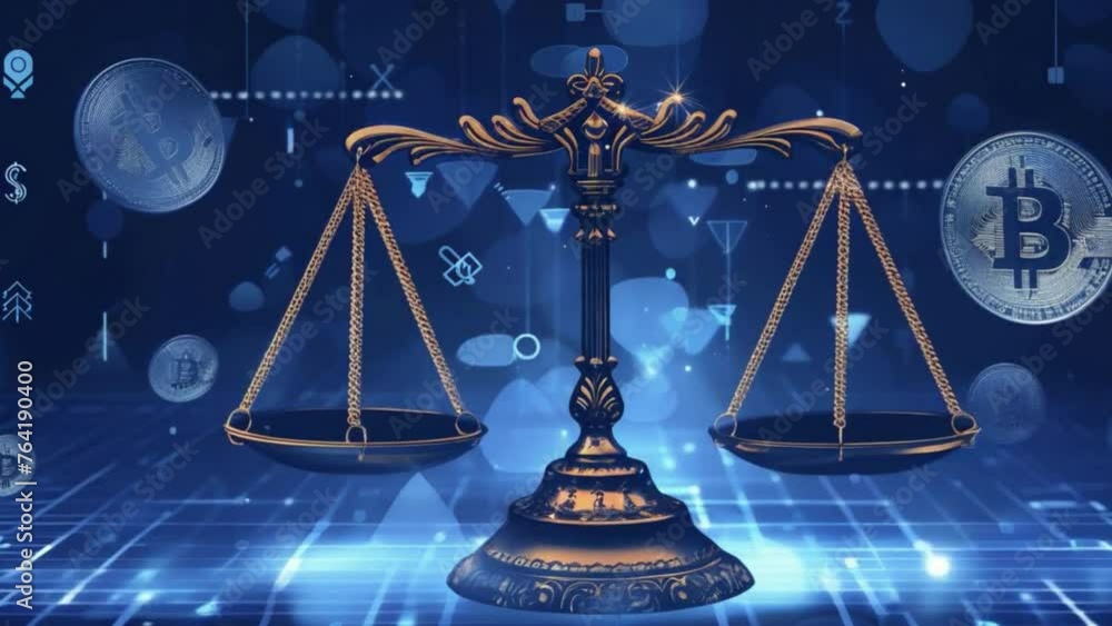 A scale with a coin on each side and a bitcoin symbol in the middle ...