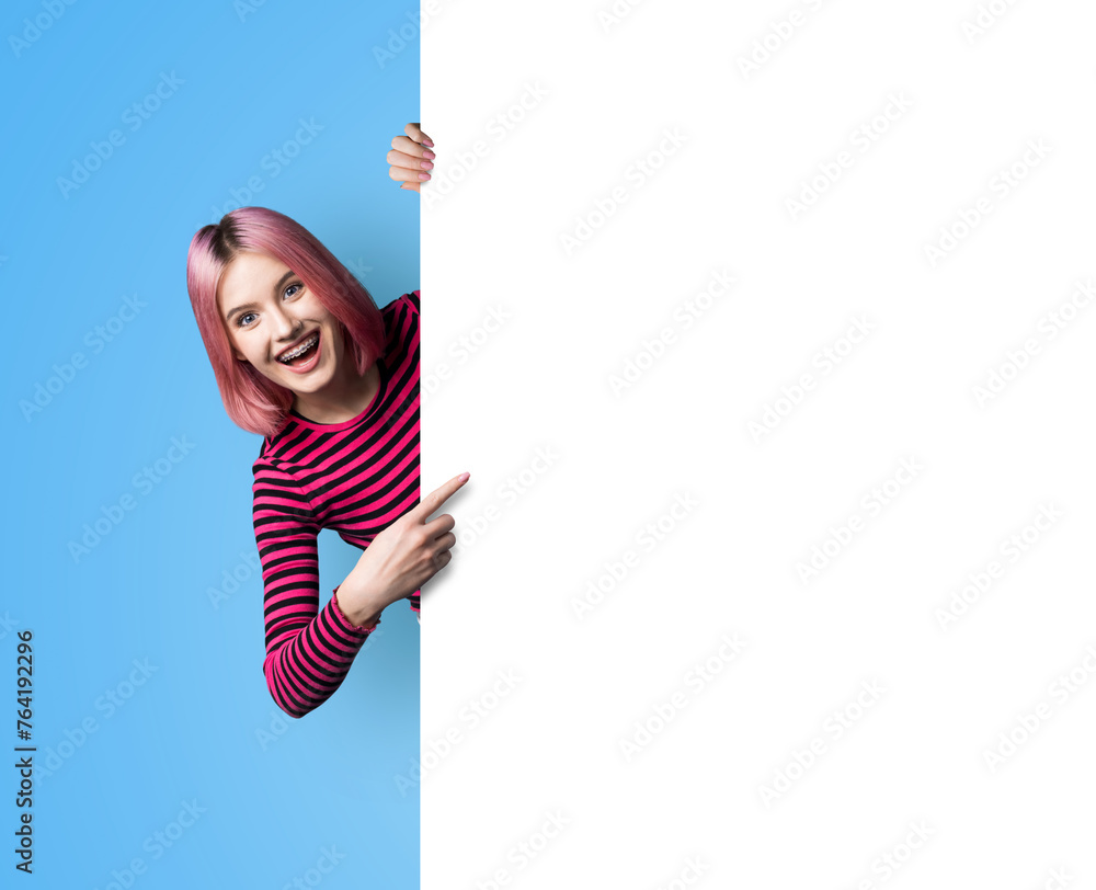 Excited pink woman in braces, opened mouth stand behind, peep from ...