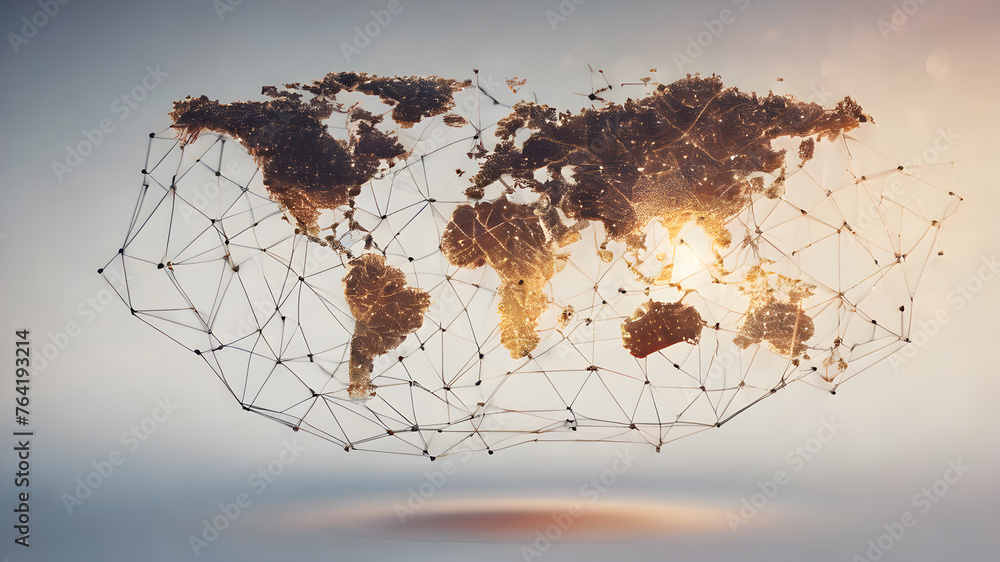 Polygonal mesh network map of world of lines and points, dots and ...