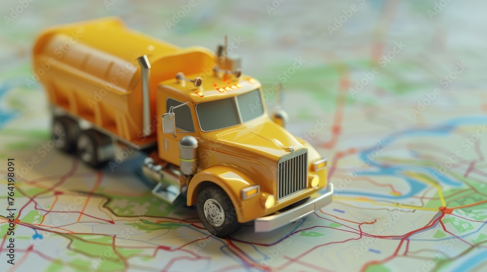 Miniature orange truck on a journey across a map, symbolizing logistics ...