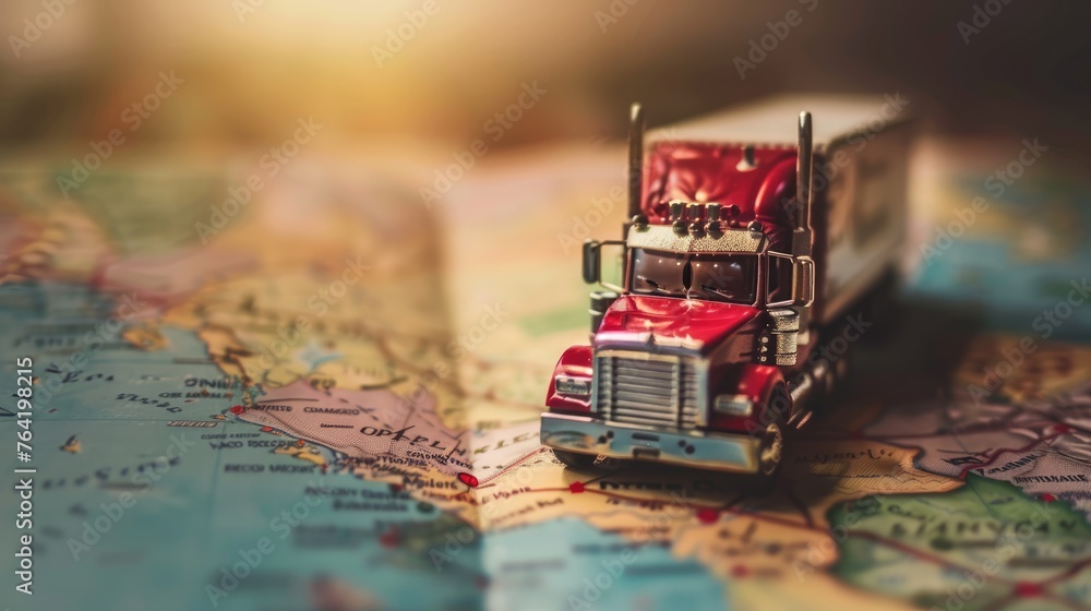 Miniature orange truck on a journey across a map, symbolizing logistics ...
