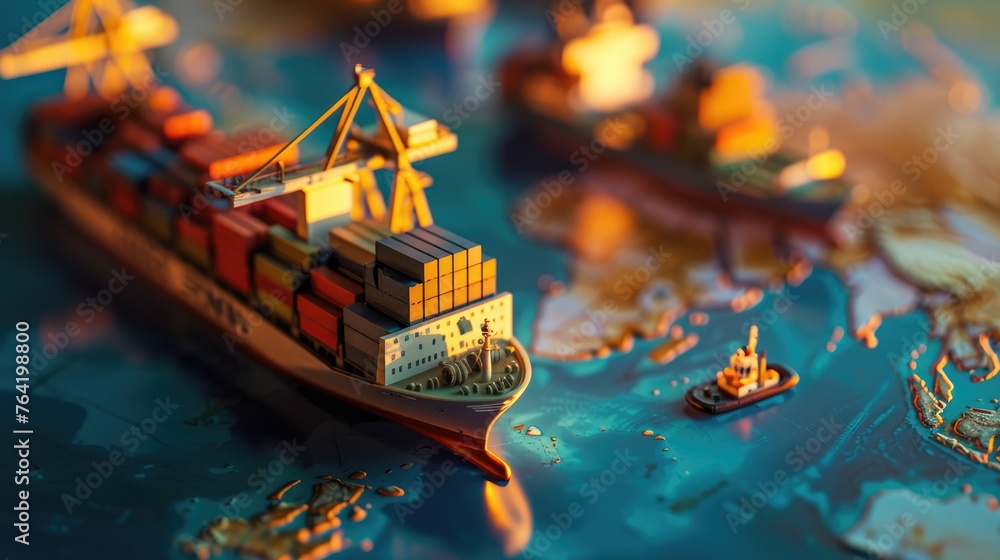 Diorama of a miniature cargo ship loaded with containers on a world map ...