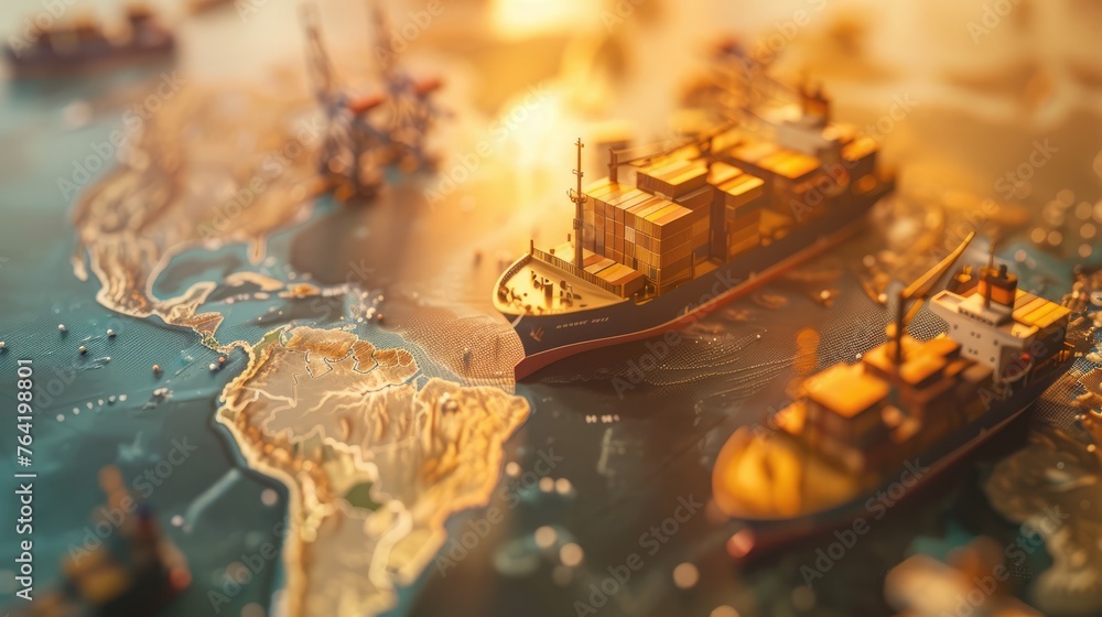 Diorama of a miniature cargo ship loaded with containers on a world map ...