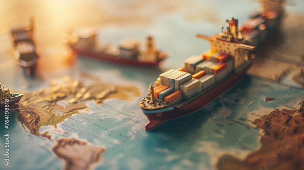 Diorama of a miniature cargo ship loaded with containers on a world map ...