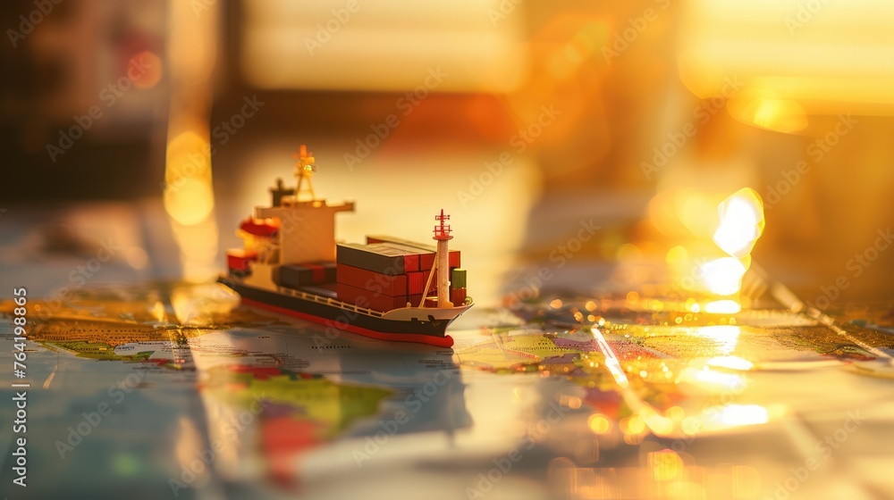 Diorama of a miniature cargo ship loaded with containers on a world map ...
