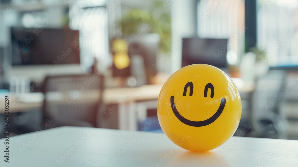 Cheerful yellow smiley face stress ball on office desk promoting ...