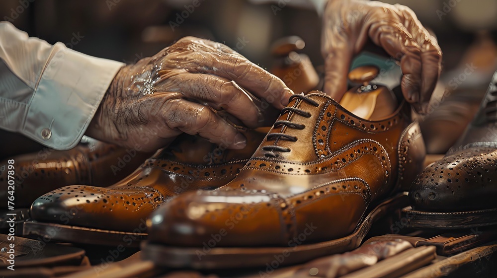Master craftsman meticulously handcrafting leather shoes in a vintage ...