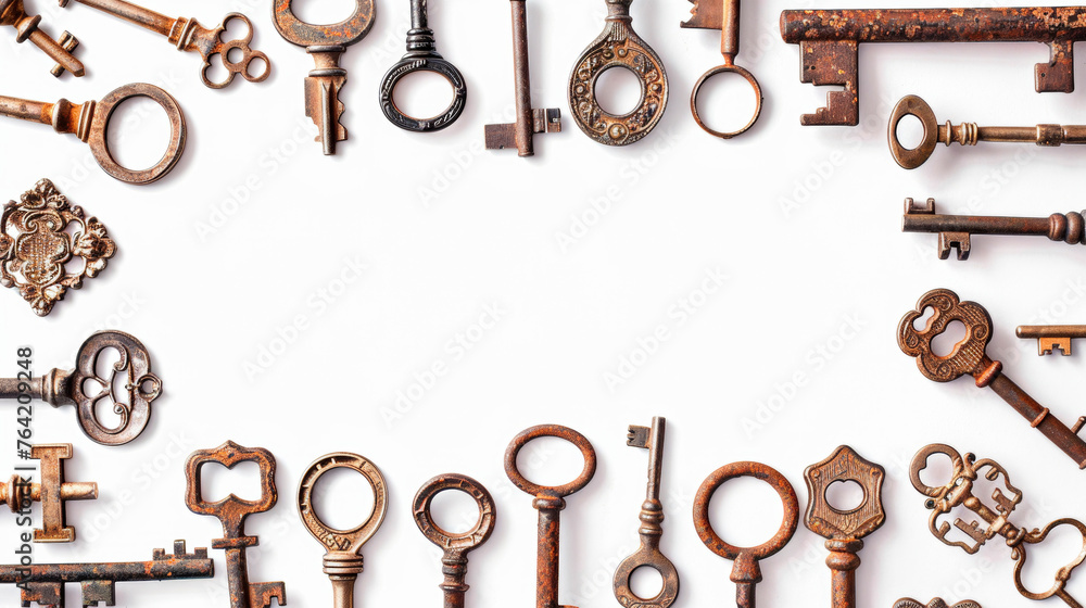 Collection of vintage keys laid out in a circular pattern, showcasing ...