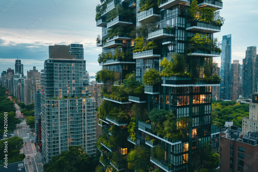 Foto de Urban Sustainability,A tall building with a green roof and a ...