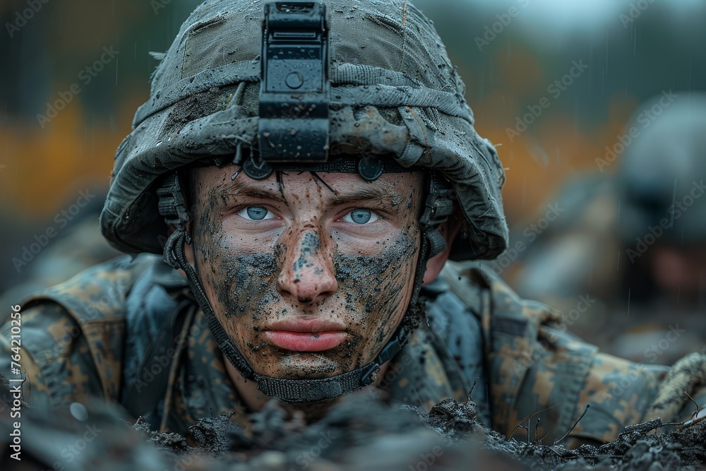 An intense image showcasing a military person in gear with radio set in ...