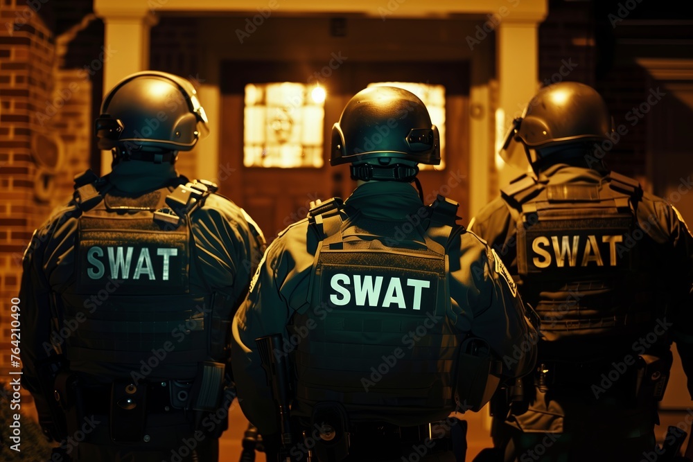 Swat team officers standing in front of a house Stock Photo | Adobe Stock