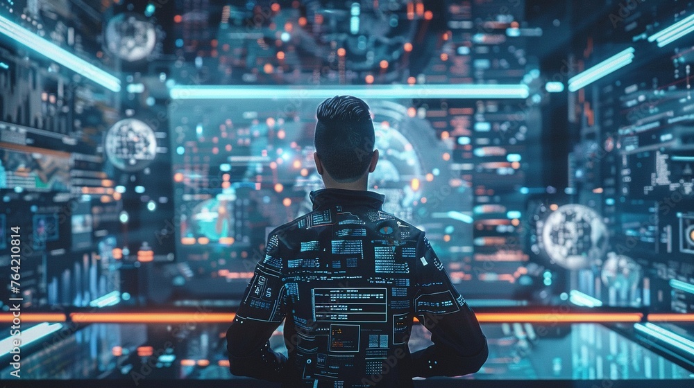 Skilled Cyberpunk Hacker in Futuristic Setting, Surrounded by ...