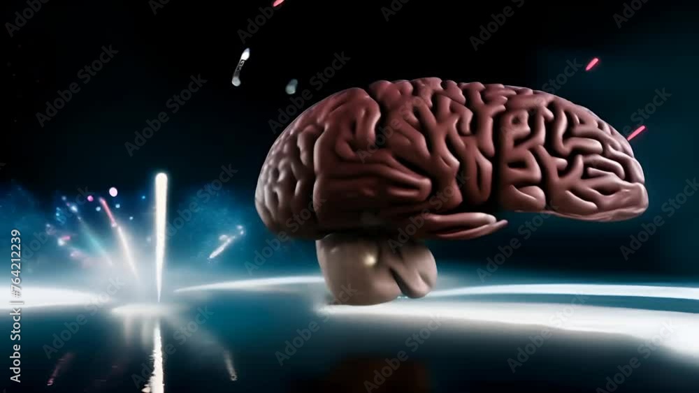 model of human brain juxtaposed with dynamic display of fireworks ...