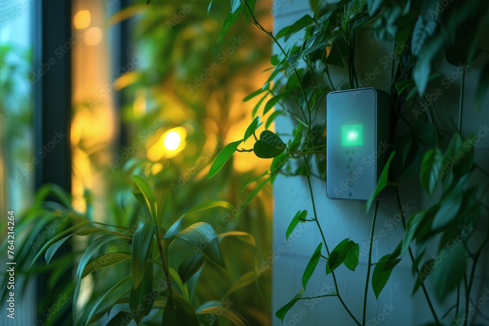 Green energy at home, illustrating households using smart meters and ...