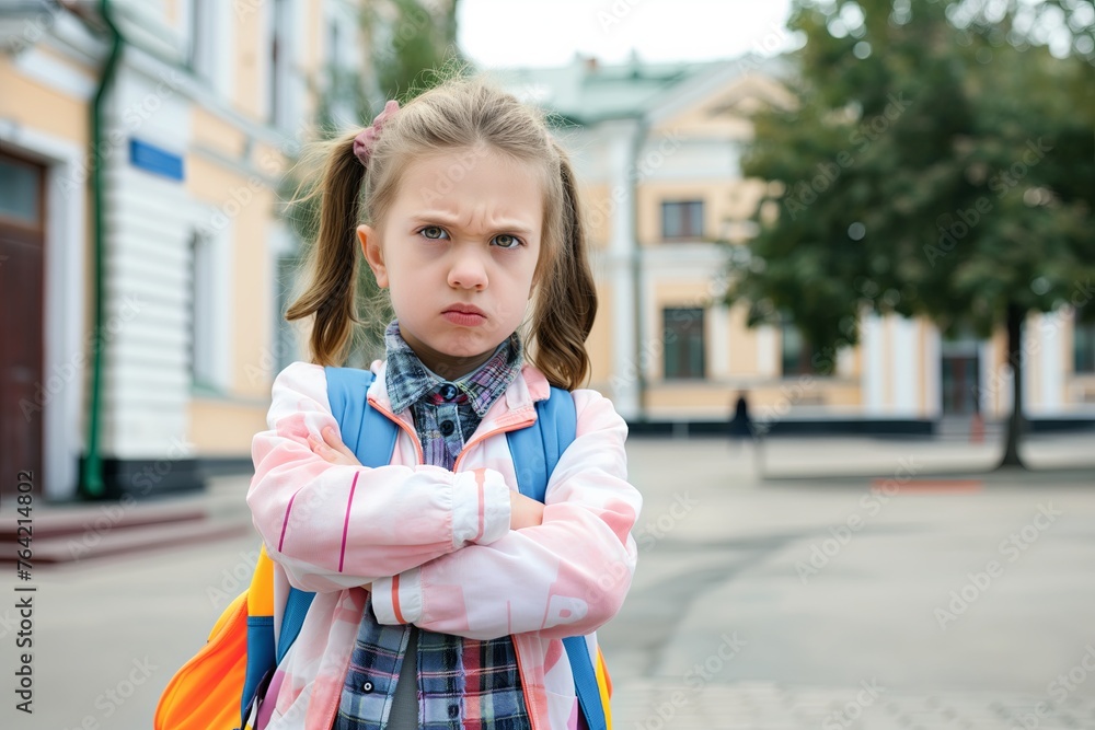 Little grumpy girl standing with crossed arms in front of school with ...