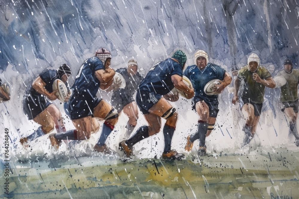 A painting depicting a group of rugby players engaged in a match under ...