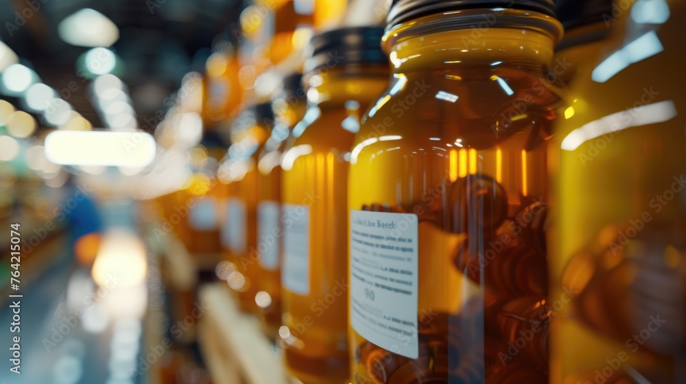 Amber Pharmacy Bottles in a Row, selective focus shot captures a line ...