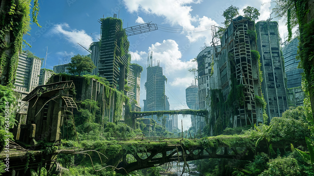 Desolate post-apocalyptic city, jungle reclaims dilapidated abandoned ...