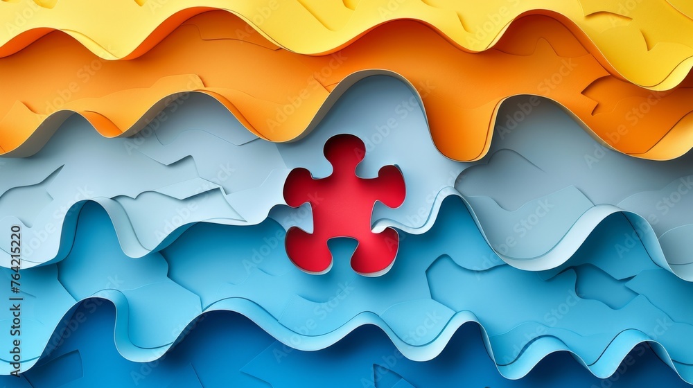 Paper puzzles background in red, blue, yellow colors. World Autism ...
