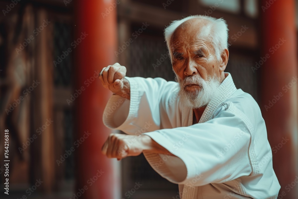 An elderly man dressed in a white robe showcases his karate skills with ...