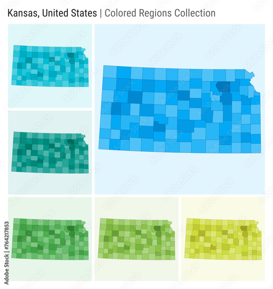 Kansas, United States. Map collection. State shape. Colored counties ...