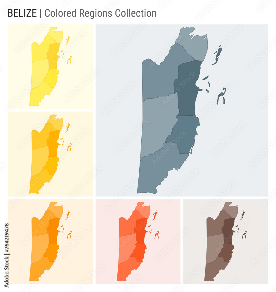 Belize map collection. Country shape with colored regions. Blue Grey ...