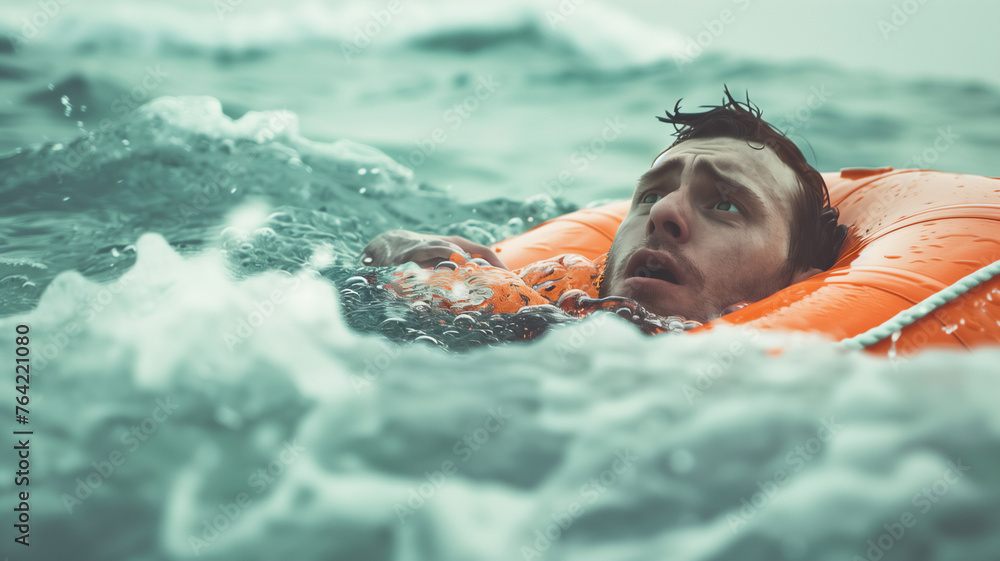 Man wear life jacket float on ocean surface after shipwreck stormy ...