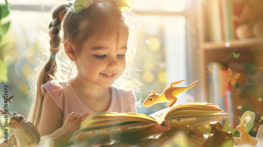 Little girl have imagination while reading storybook with fantasy ...