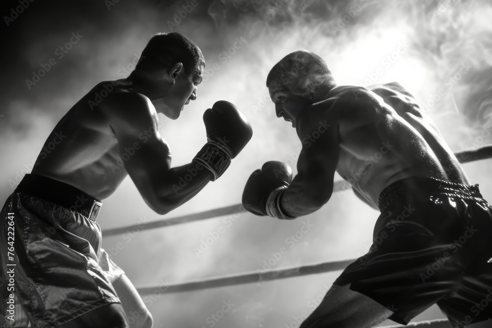 A dynamic black and white photo capturing two men fiercely boxing in a ...