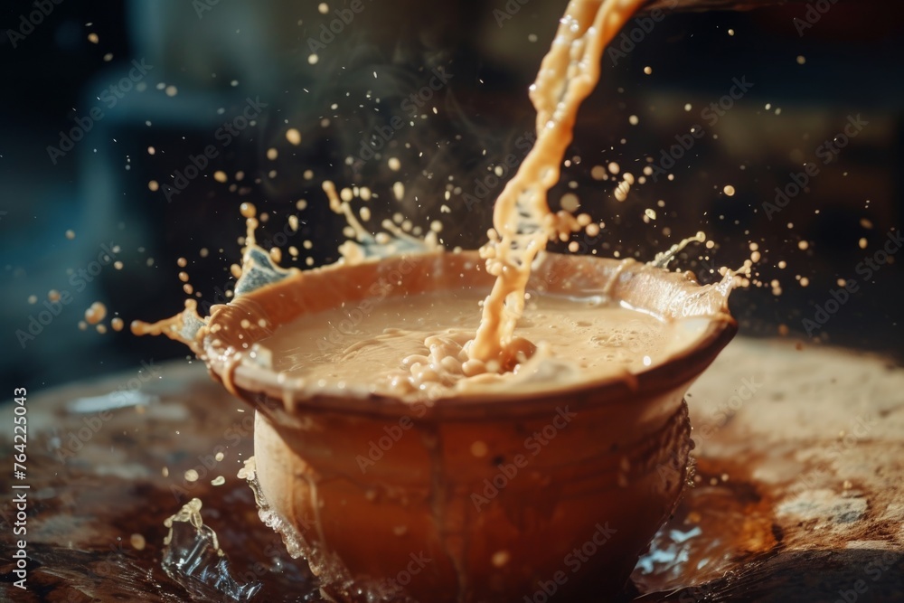 A person carefully pours liquid into a bowl placed on top of a table ...