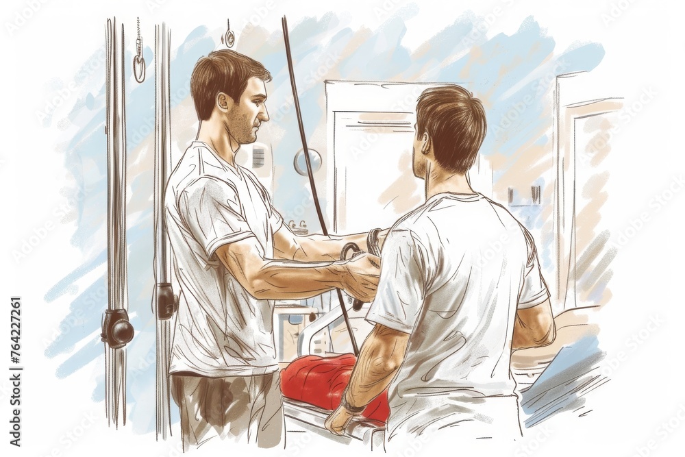 A black and white drawing of two men engaging in a handshake gesture ...