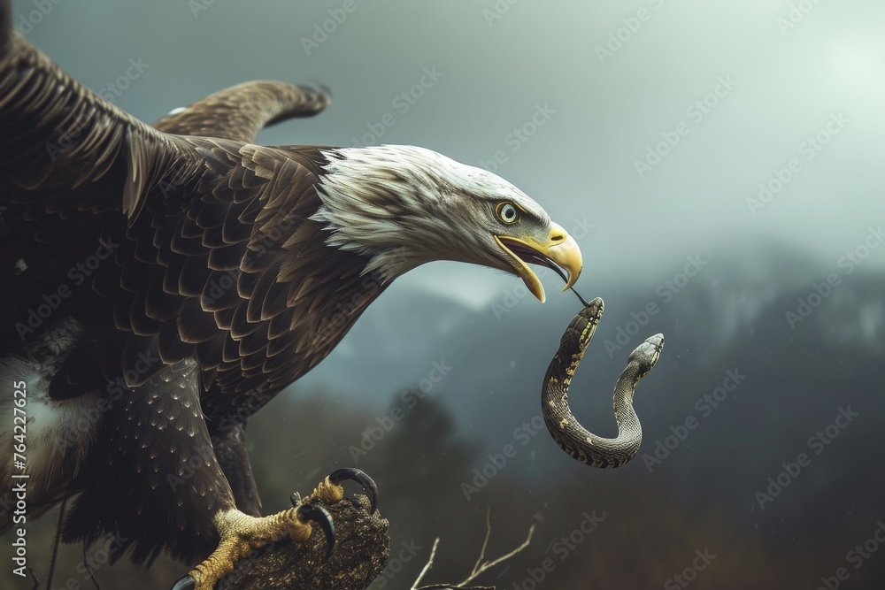 A powerful eagle grasping a snake tightly in its beak, showcasing the ...