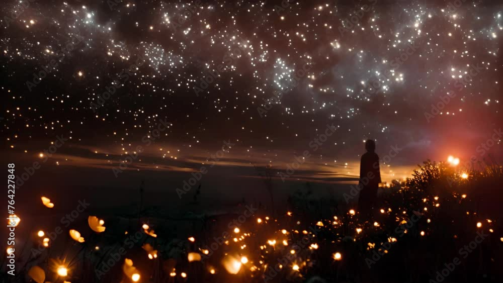 Person watching galaxy sky with sparkling flickering stars. Silhouette ...