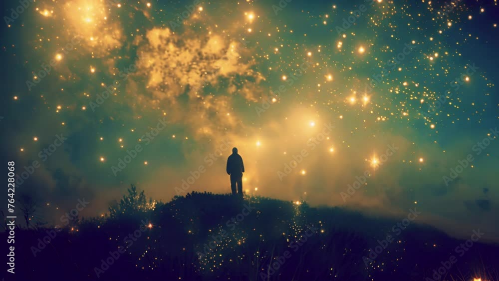 Person watching galaxy sky with sparkling flickering stars. Silhouette ...