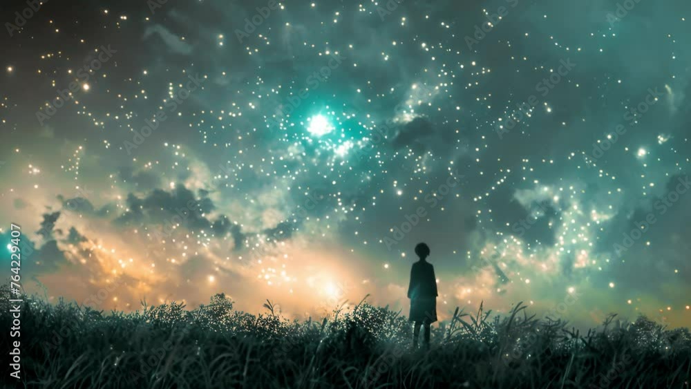 Person watching galaxy sky with sparkling flickering stars. Silhouette ...