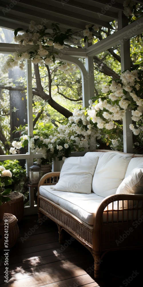 Cozy English-style veranda with flower arrangements and garden ...