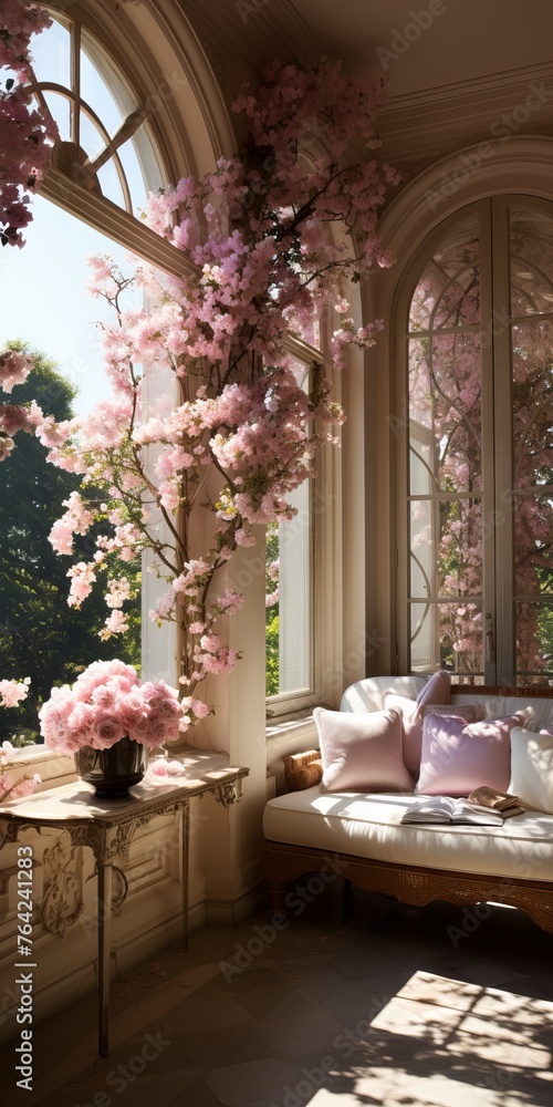 Cozy English-style veranda with flower arrangements and garden ...