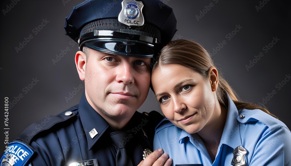 Portrait of a male and female police officer standing close together ...