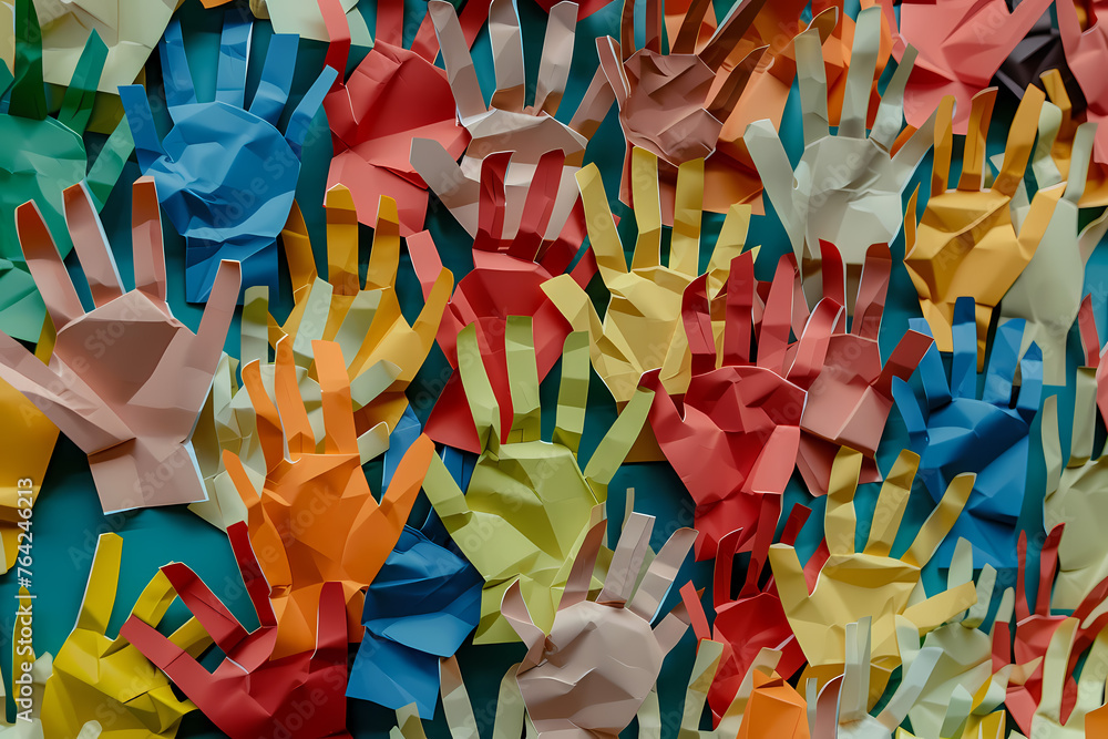 Collage of the colorful paper hands as symbol of diversity and ...