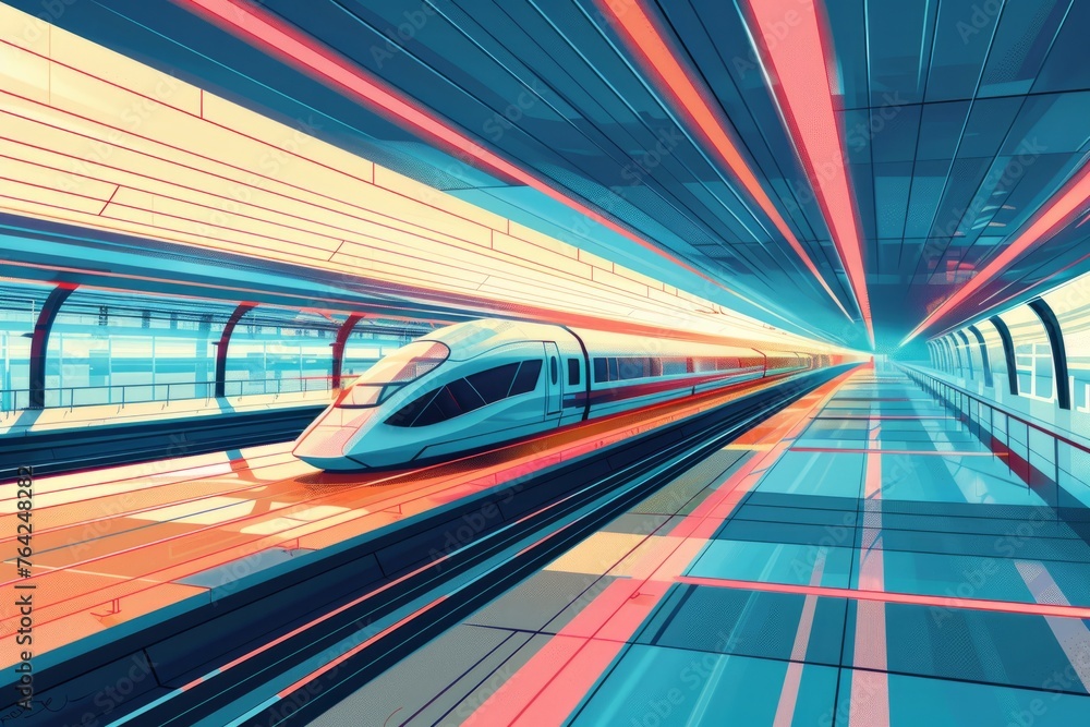 A white high-speed train is moving through a futuristic train station ...