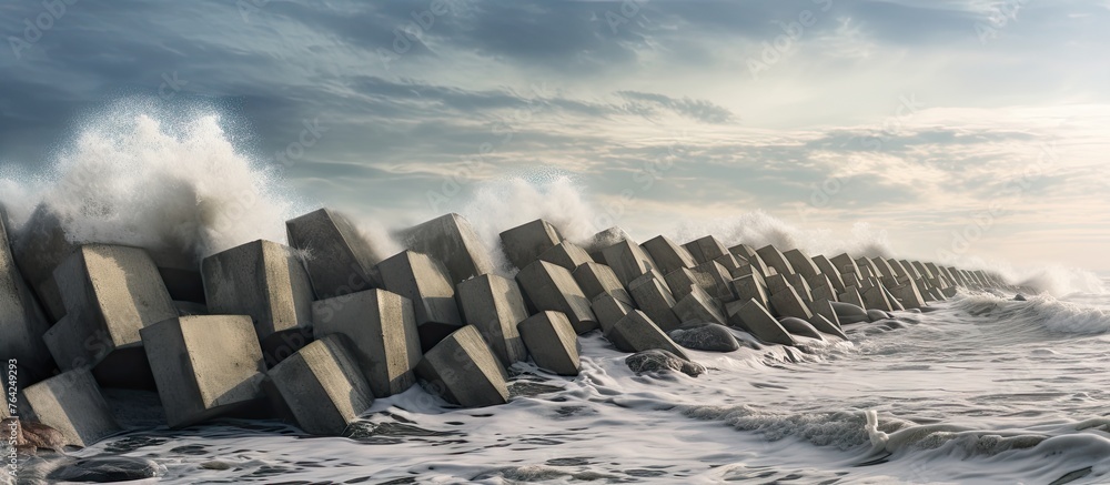 Concrete blocks stacked in the sea, waves hitting tetrapods Stock Photo ...